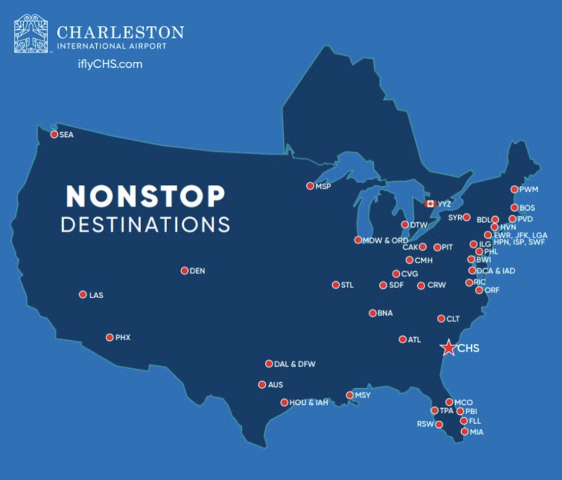 Map of all Non-Stop Travel Destinations from Charleston International ...